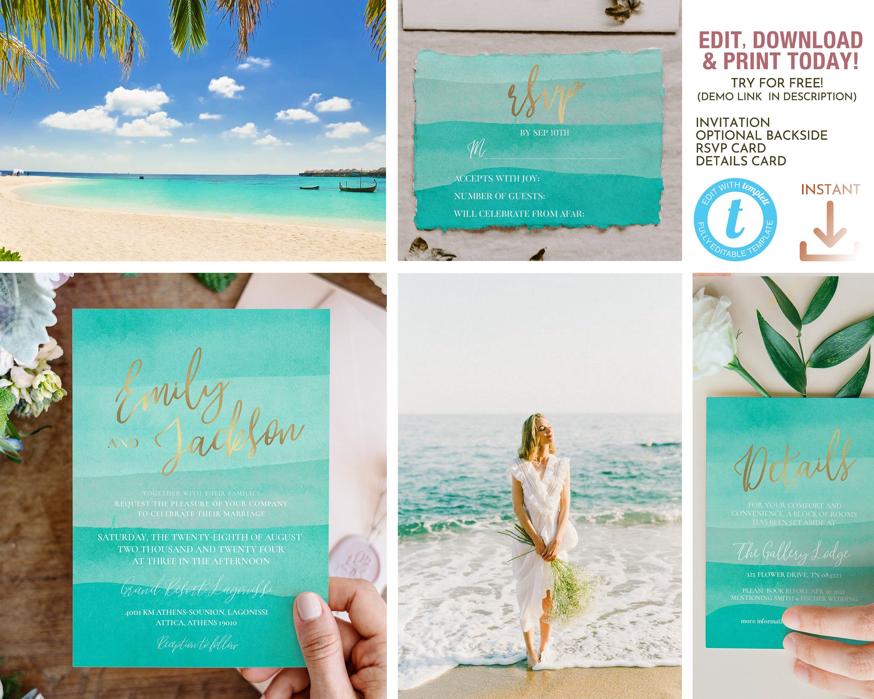 Blue Beach Wedding Invitation Template Premium Vector | Sea Wave